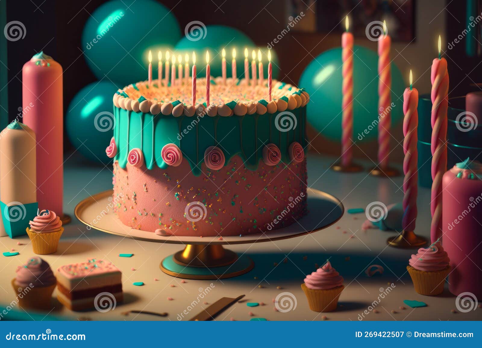 Birthday Cake With Lit Candles On Table Generative Ai Stock