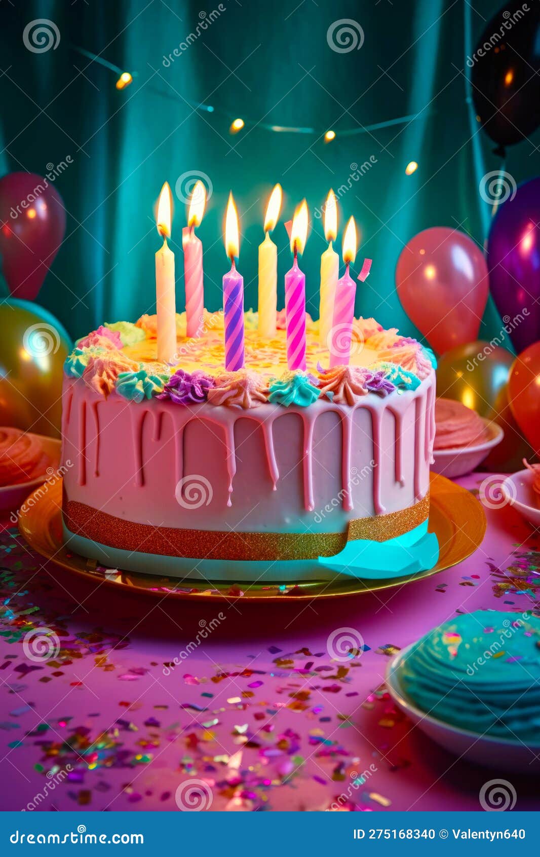 Birthday Cake With Lit Candles On Table Surrounded By Balloons And