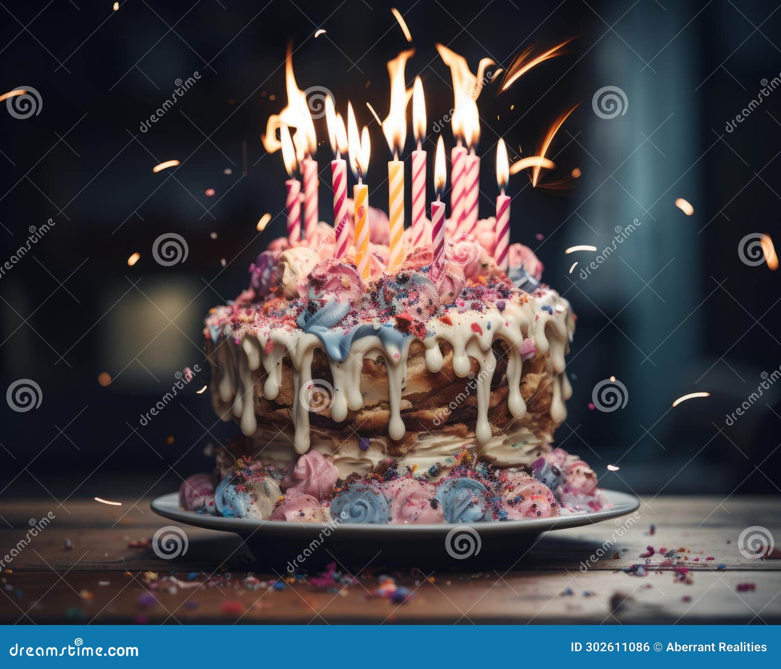 A Birthday Cake With Lit Candles On Top Stock Illustration