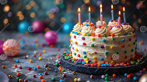 A Birthday Cake With Lit Candles On Top Stock Illustration