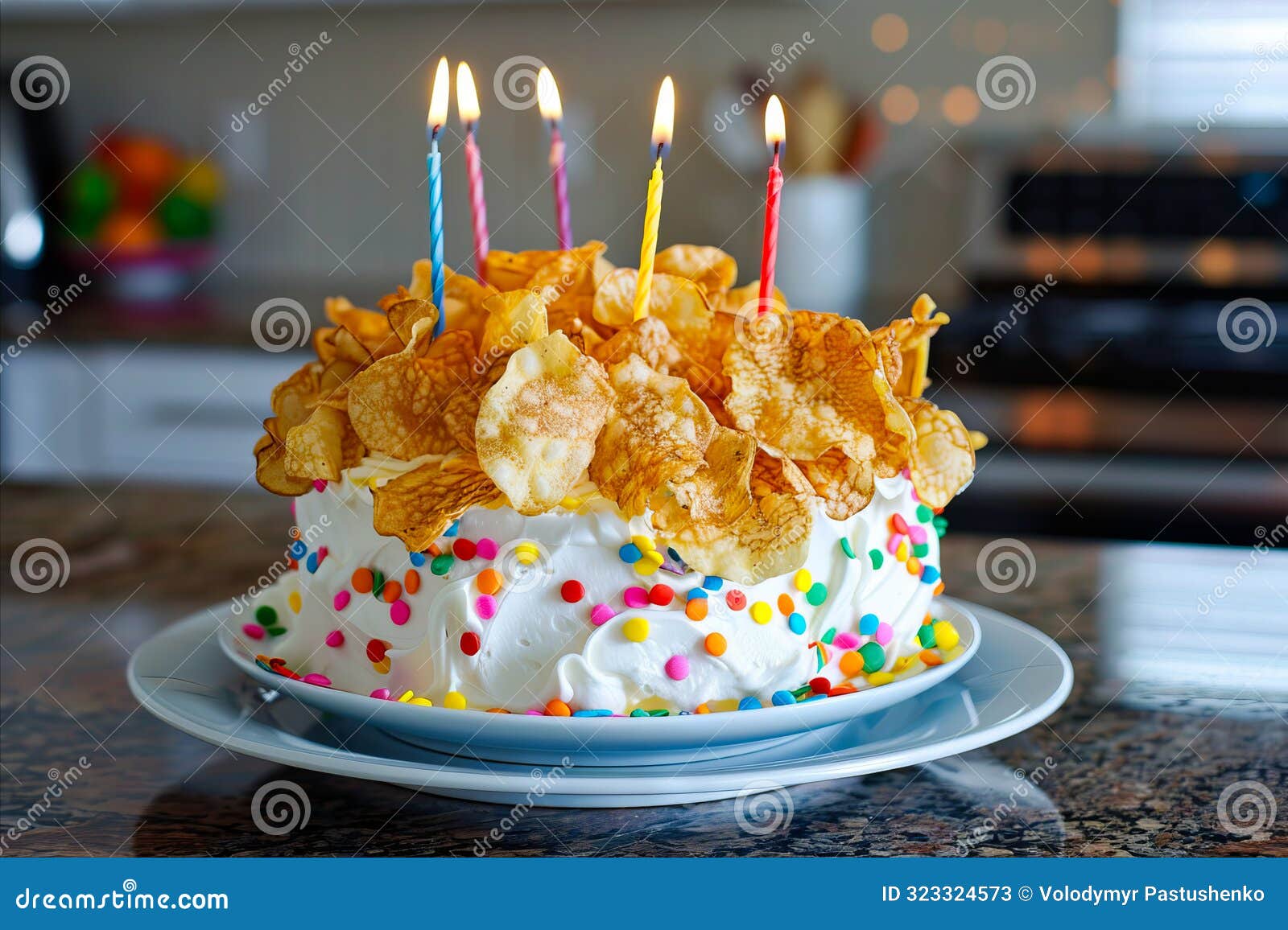 A Birthday Cake with a Lot of Chips on it Stock Image - Image of potato ...