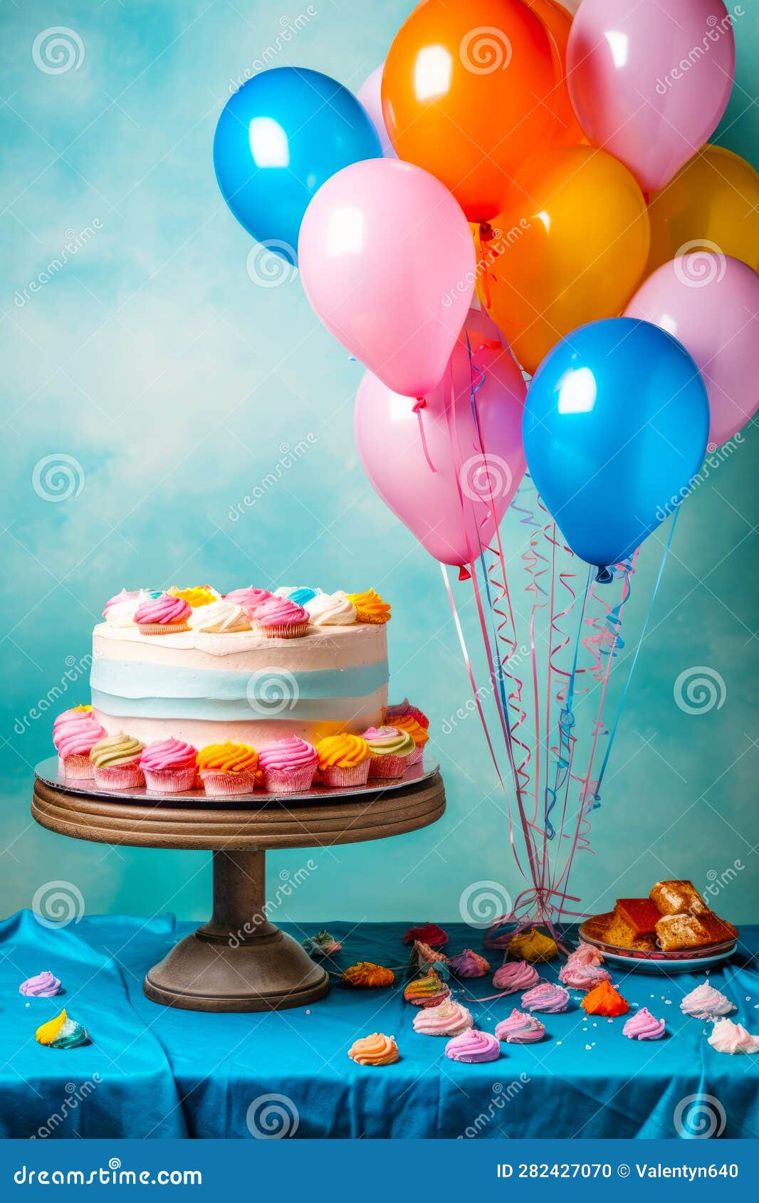 Birthday Cake on Table with Balloons in the Air and Plate with Cake on ...