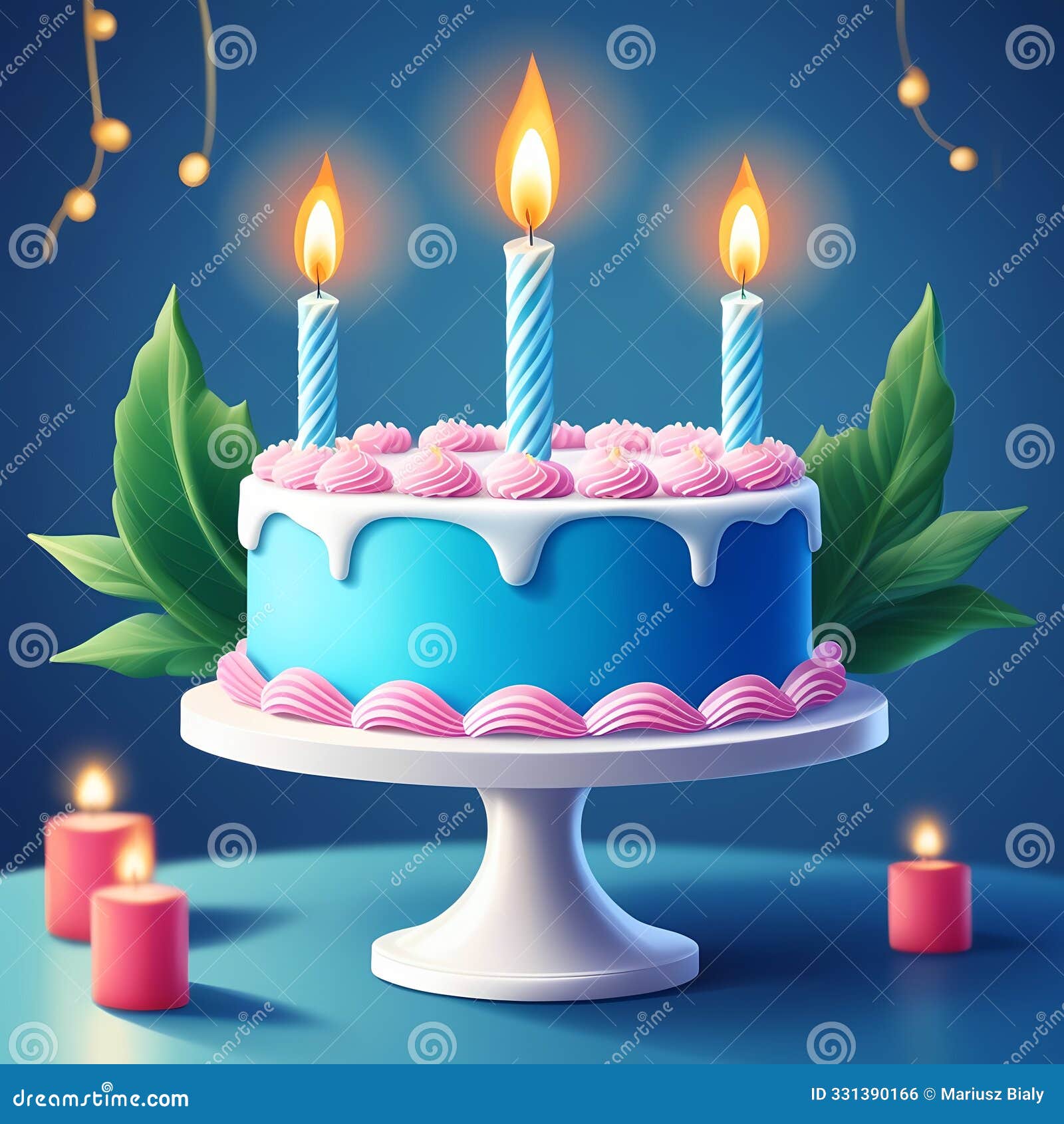 Birthday Cake with Three Burning Candles on Blue Background Stock ...