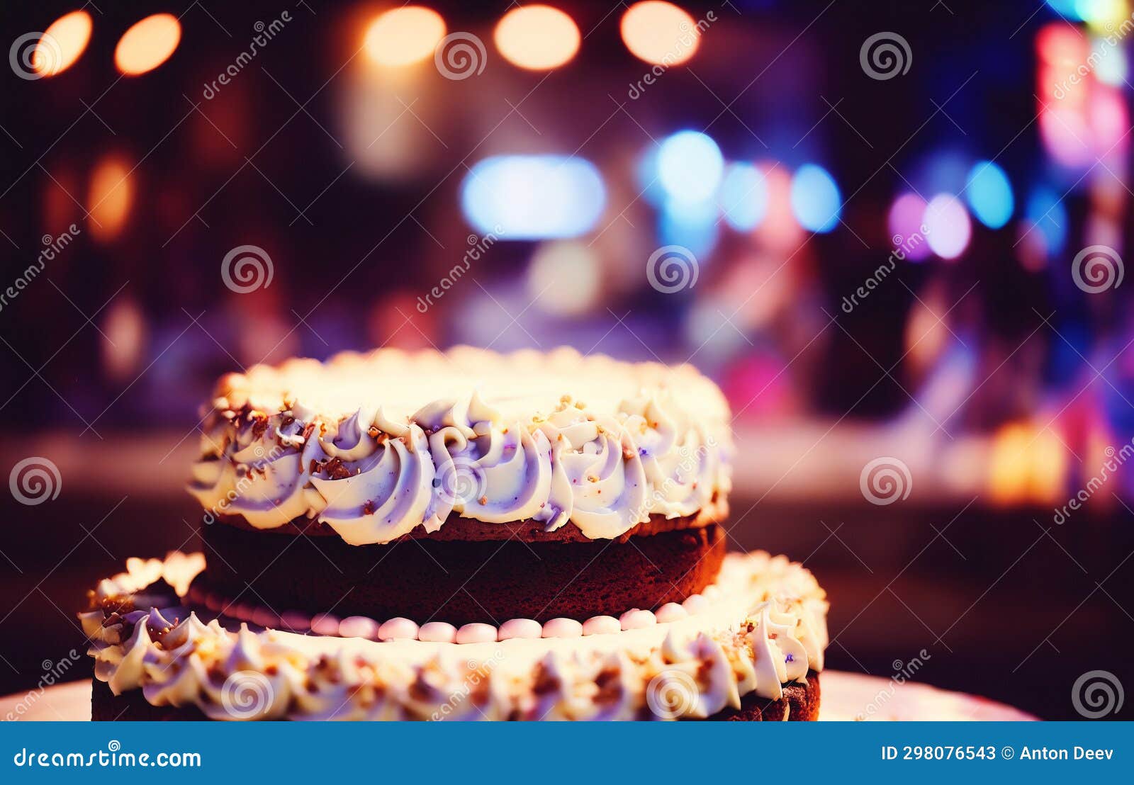Birthday Cake on Wooden Table with Blurred Lights in the Background ...