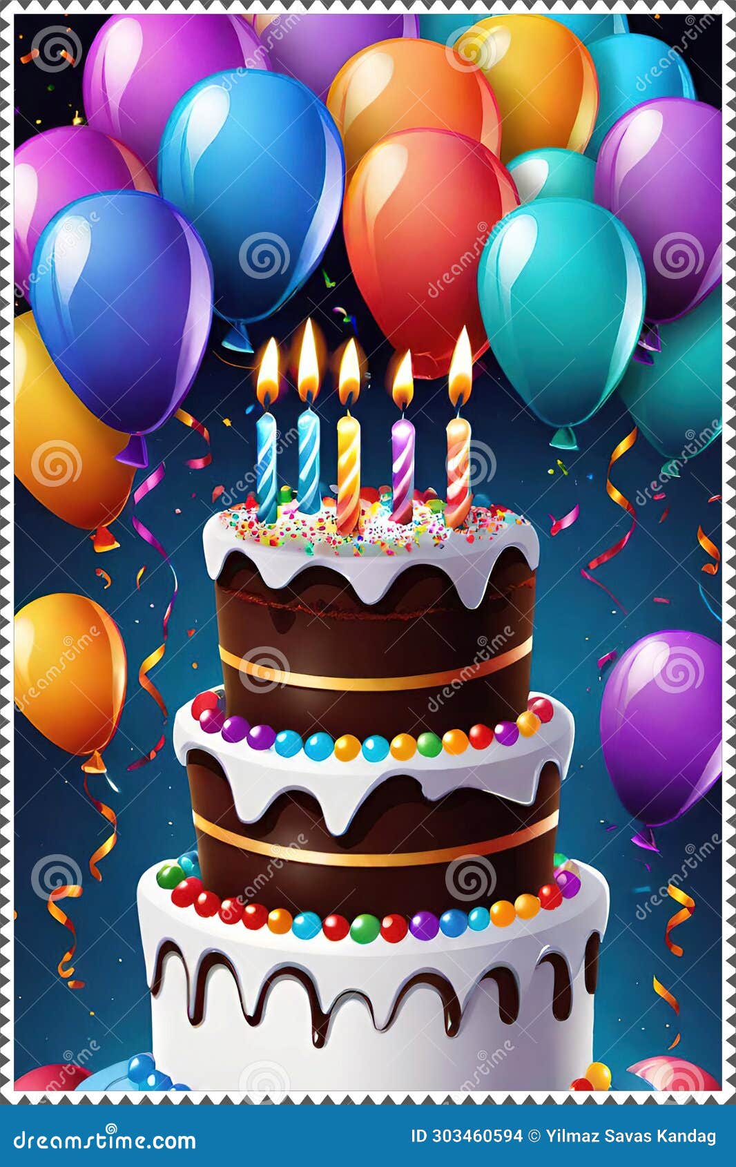 Birthday Card with Cake and Balloons on Background. Stock Illustration ...