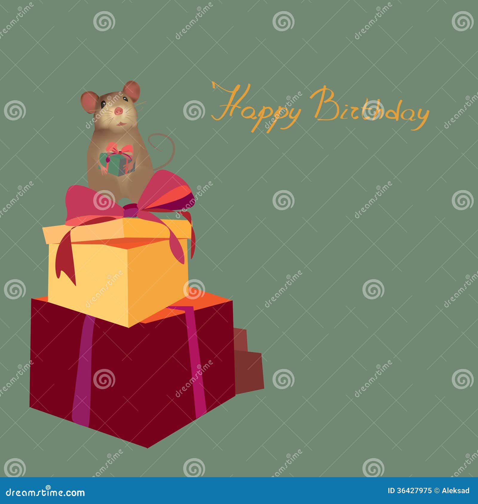 Birthday Card with Present Boxes and Mouse Holding Gift Stock Vector ...