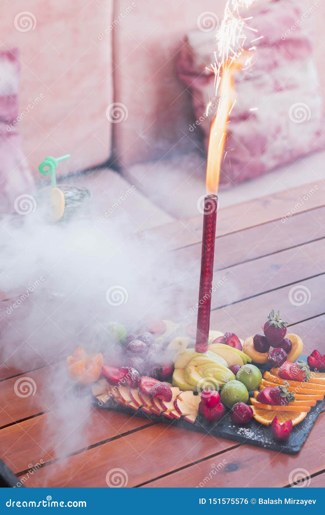 Birthday Celebration Firework Candle Set Inside of an Exotic Fruit ...