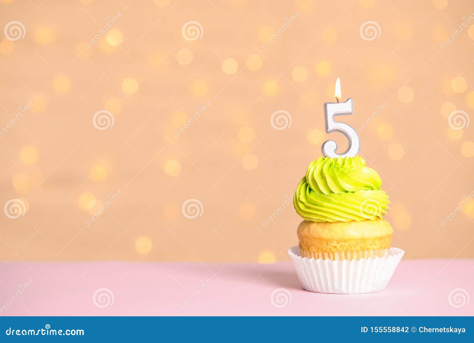 Birthday Cupcake with Number Five Candle on Against Festive Lights ...