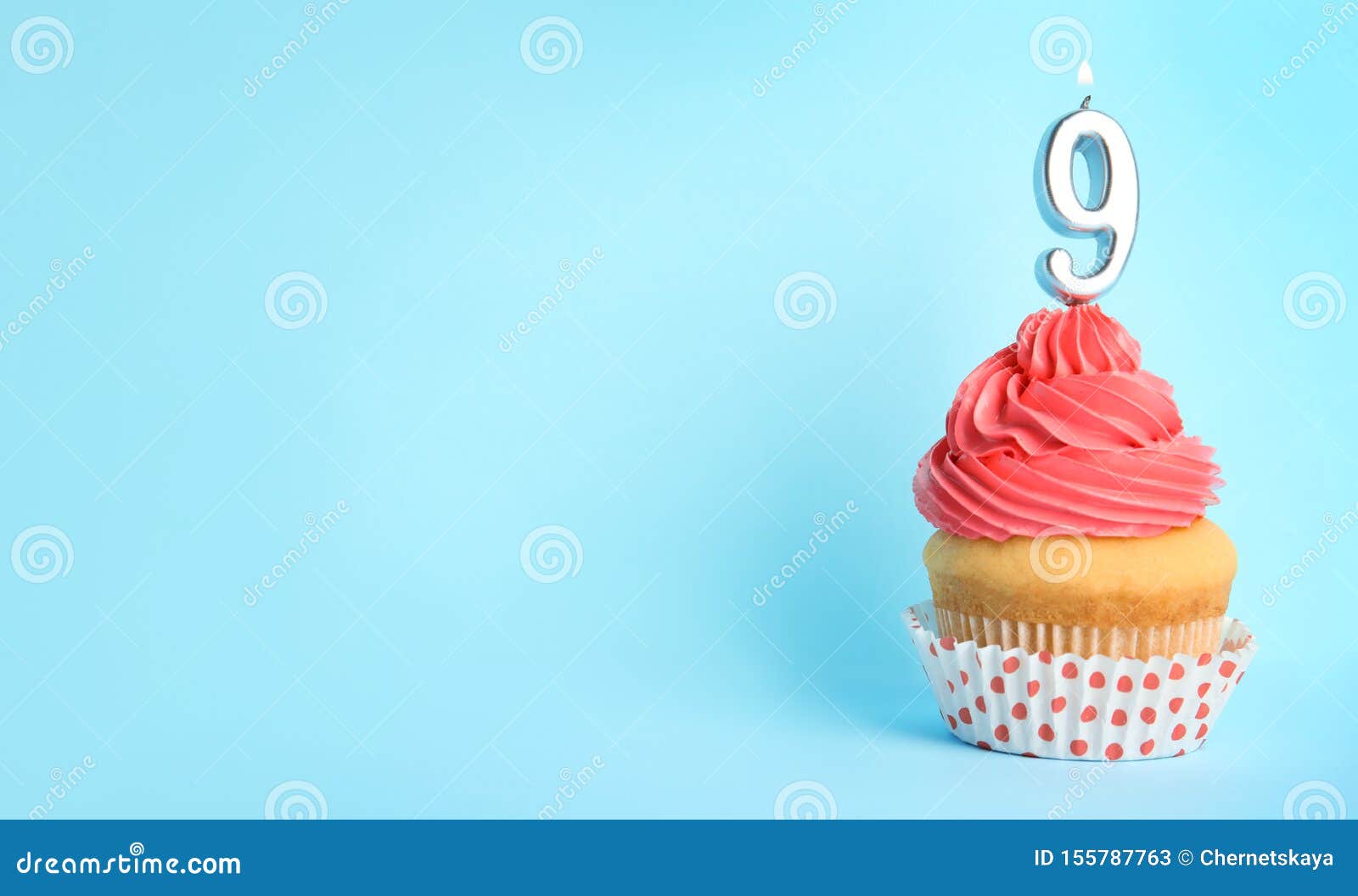 Birthday Cupcake with Number Nine Candle on Blue Background Stock Image ...