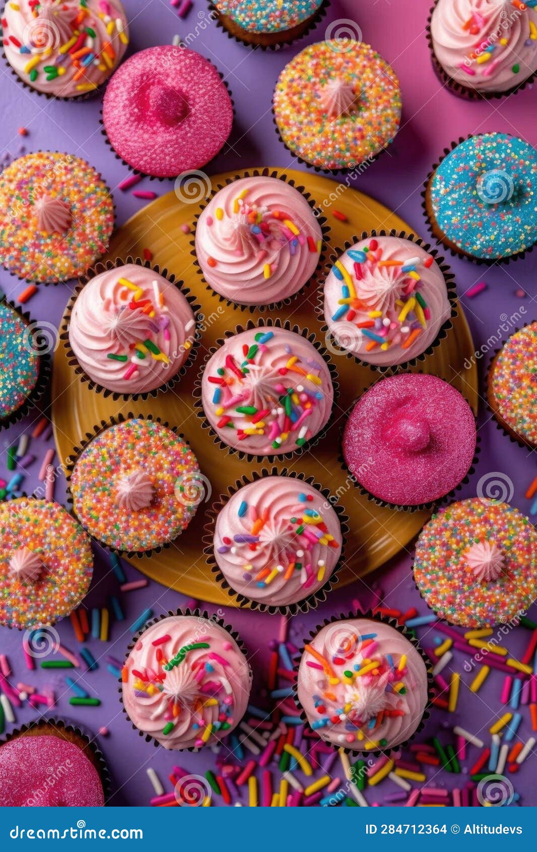 Birthday Cupcakes with Frosting and Sprinkles Arranged in a Circle ...