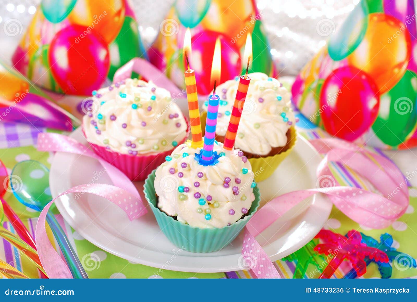 Birthday Cupcakes with Three Candles Stock Photo - Image of holiday ...