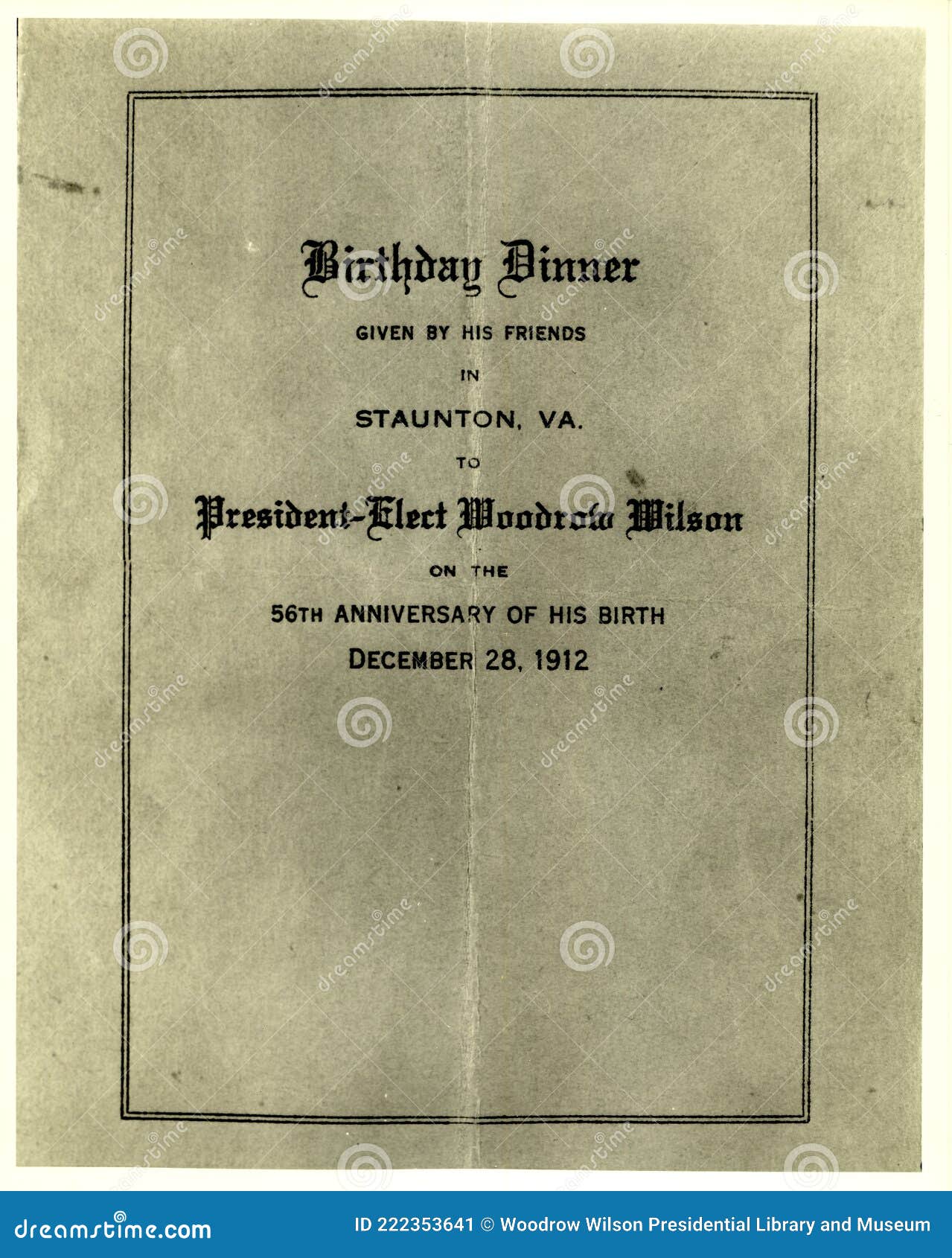 Birthday Dinner Menu For President-elect Wilson Picture. Image: 222353641