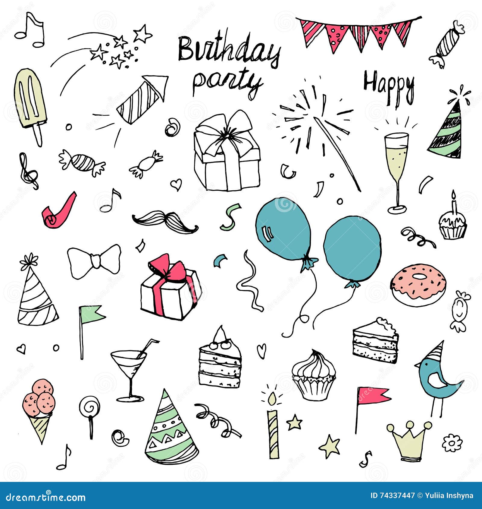 Birthday Doodle Collection of Hand-painted Color Elements, Stock Vector ...