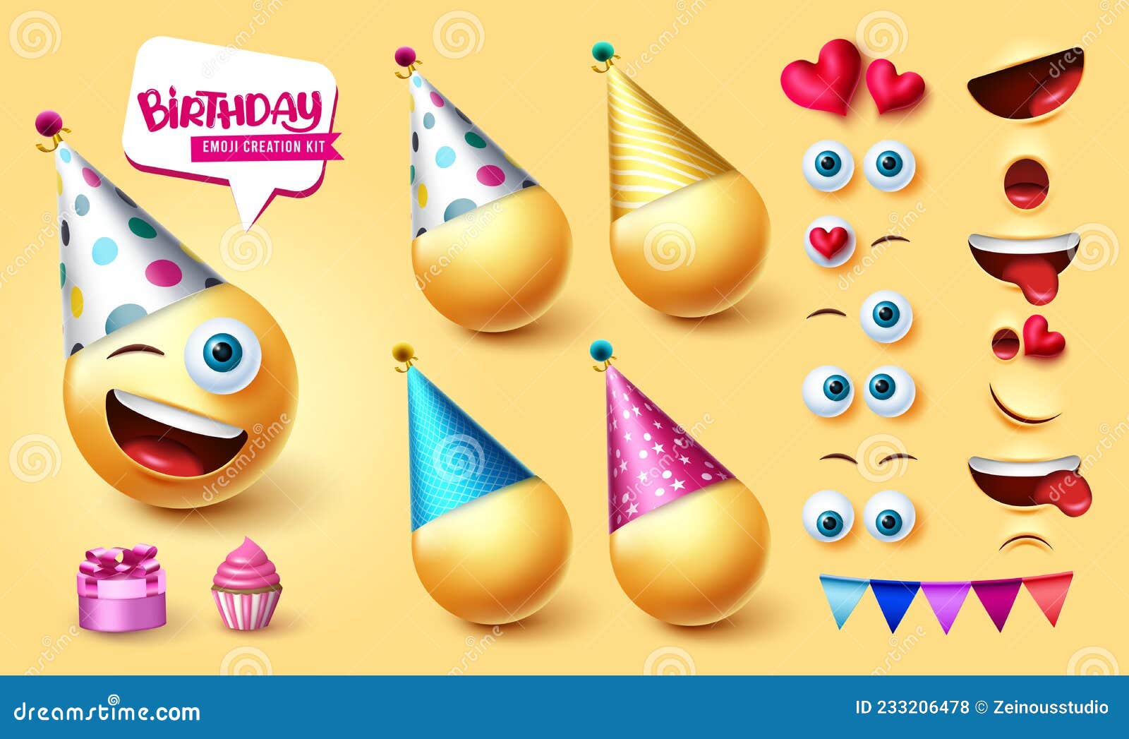 Birthday Emoji Creator Vector Set. Smiley 3d Character Kit With Cute ...