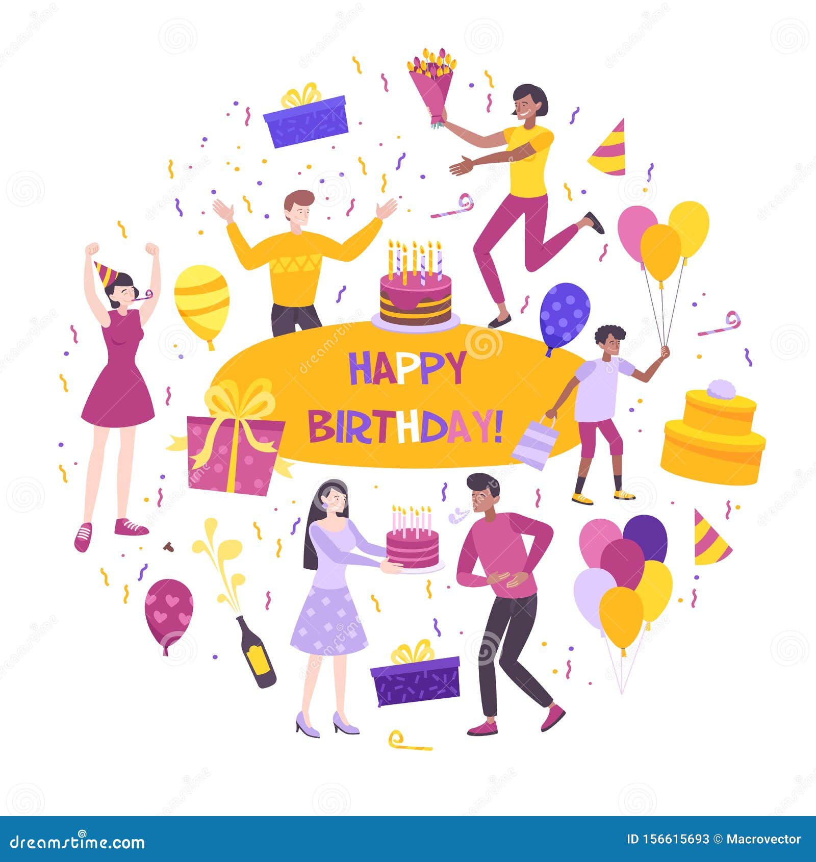 Birthday Flat Composition stock vector. Illustration of dancing - 156615693