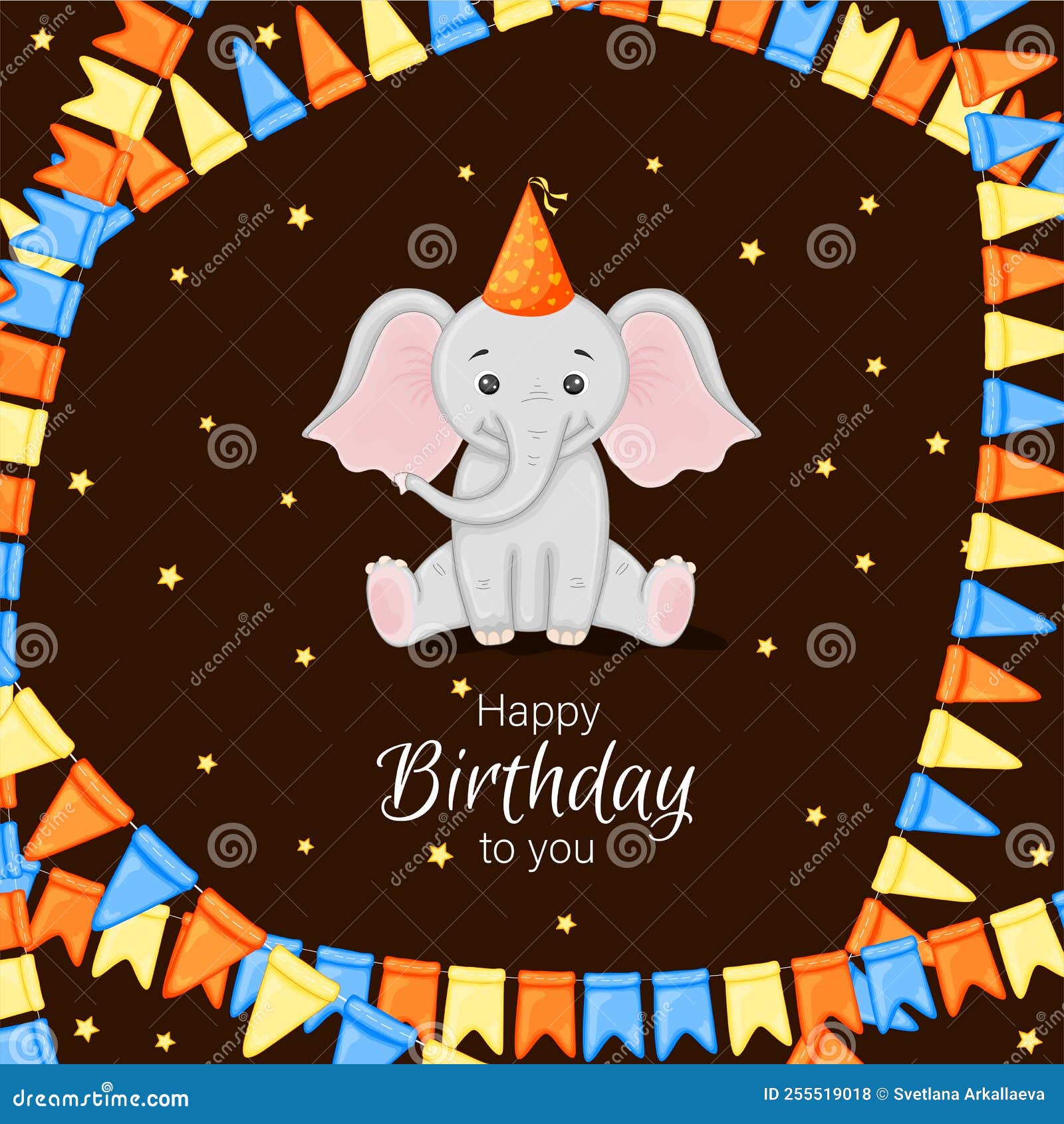 Birthday Frame with Cute Elephant. Cartoon Style. Vector Illustration ...