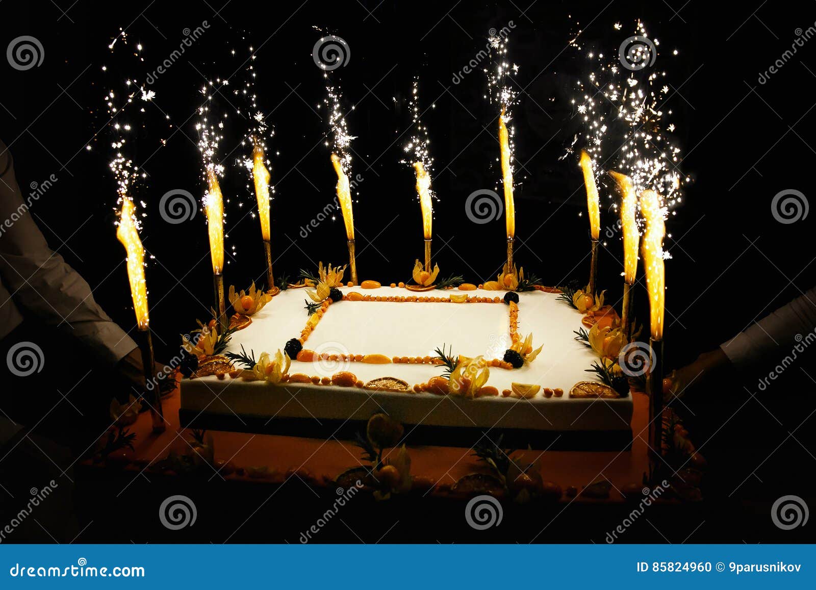 Birthday Fruit Cake with Fireworks Candles Stock Photo - Image of gift ...