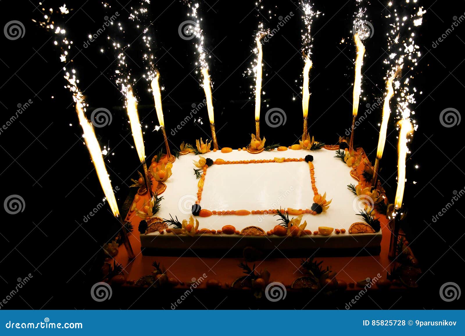 Birthday Fruit Cake with Fireworks Candles Stock Photo - Image of ...