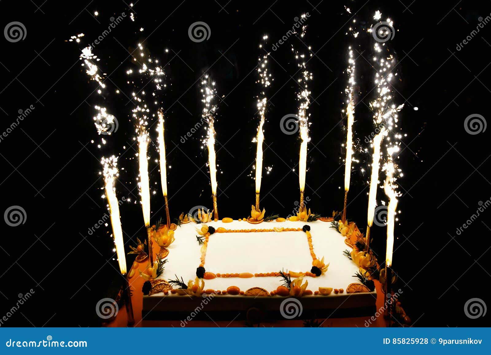 Birthday Fruit Cake with Fireworks Candles Stock Photo - Image of ...