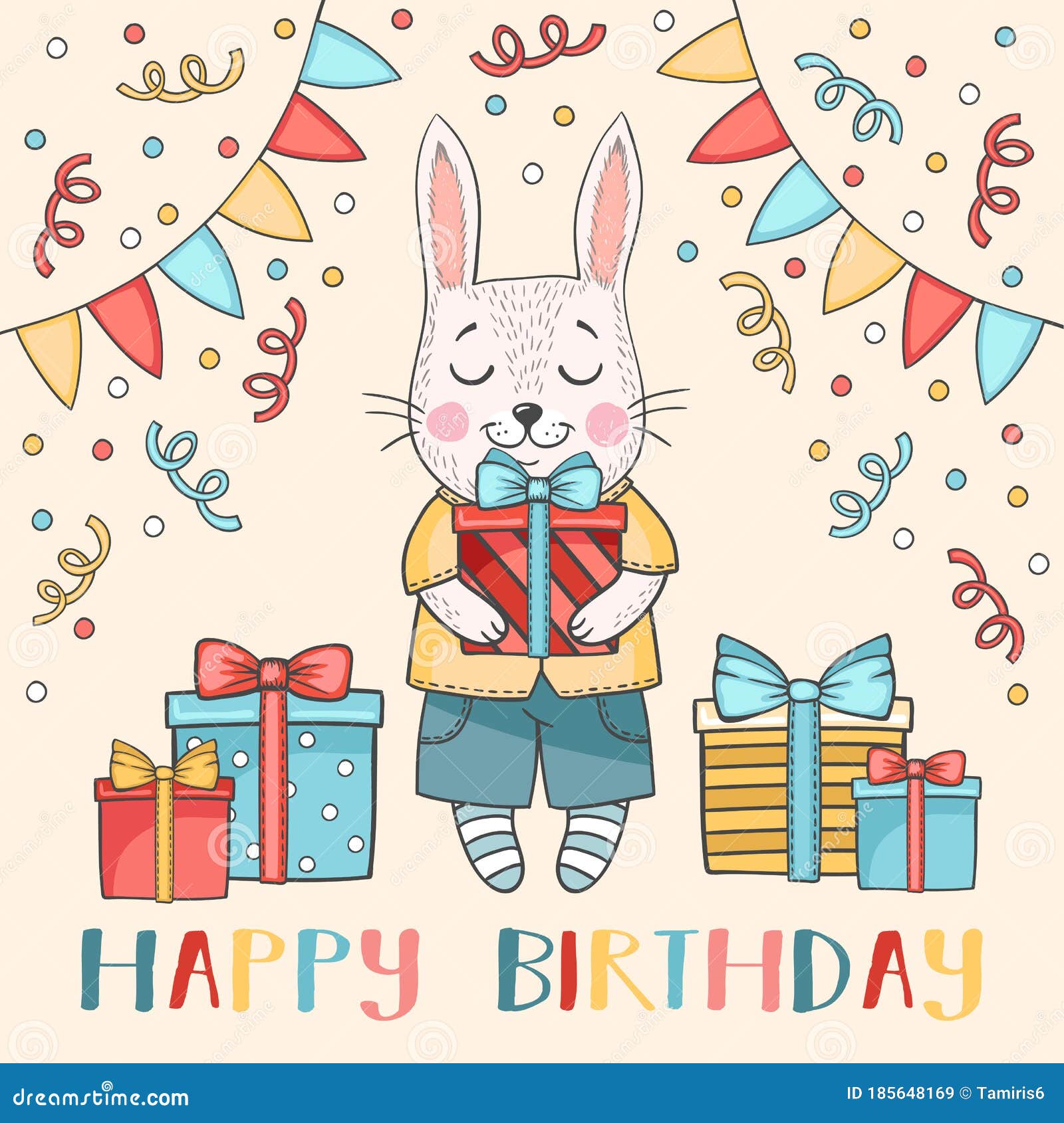 Birthday Greeting Card with Rabbit and Gift Boxes Stock Vector ...