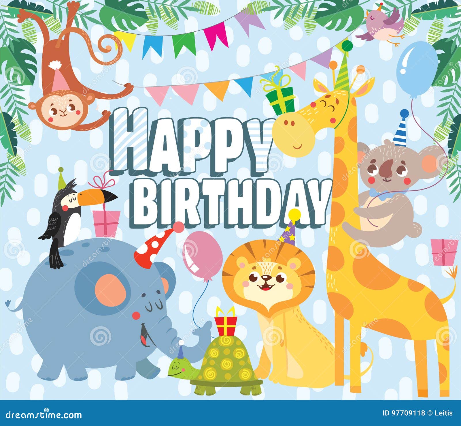 Birthday Greeting Cards with Cute Animals. Stock Vector - Illustration ...