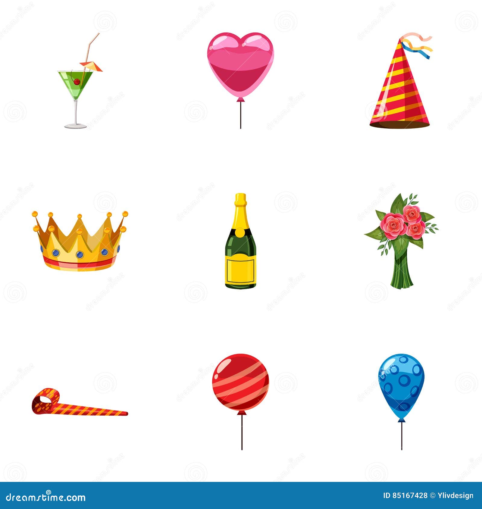 Birthday Icons Set, Cartoon Style Stock Vector - Illustration of light ...