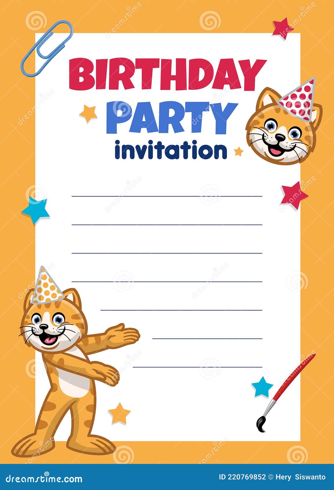 Birthday Invitation Design with Cute Cat Stock Vector - Illustration of ...