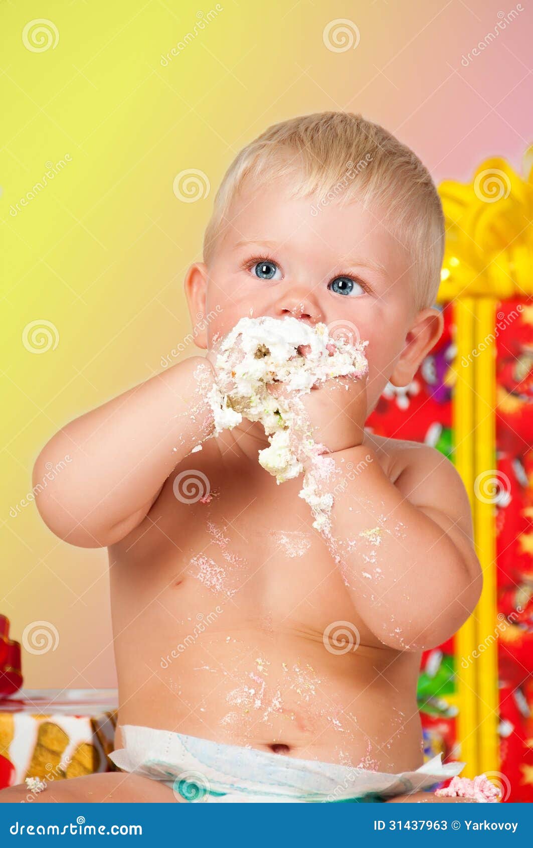 Birthday of a Little Boy. the Kid Eats Cake. Stock Image - Image of ...