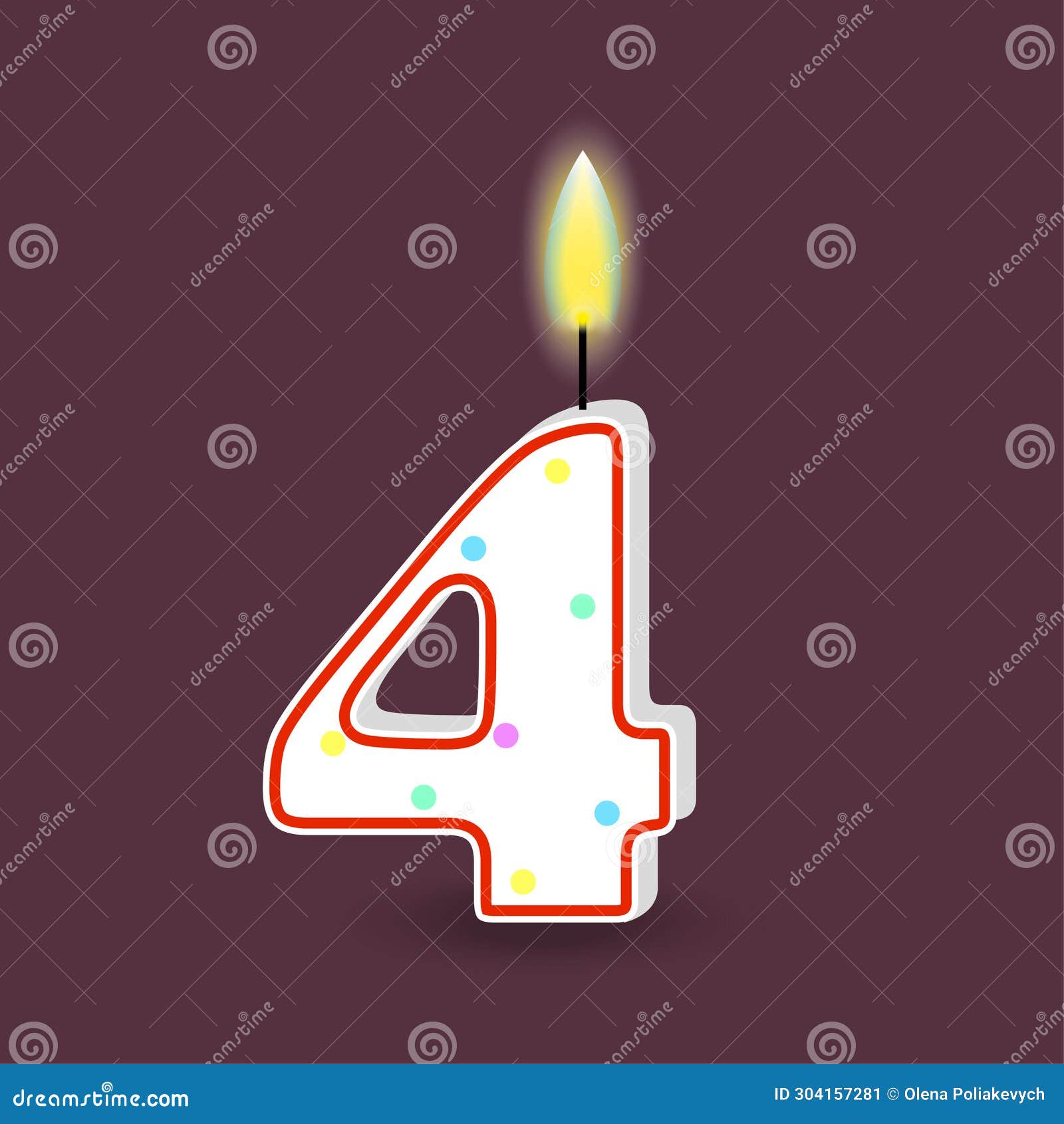 Birthday Number Four, Candle with Fire. 3D Number 4. Vector ...