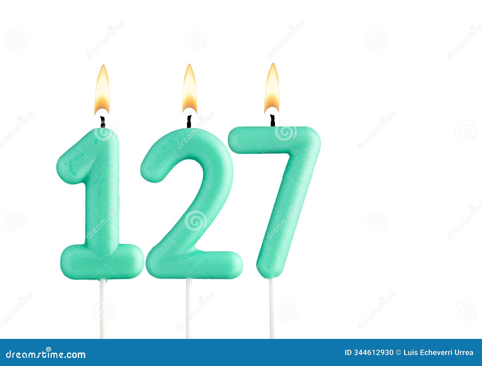 Birthday Number 127 - Green Birthday Candle on White Background Stock ...