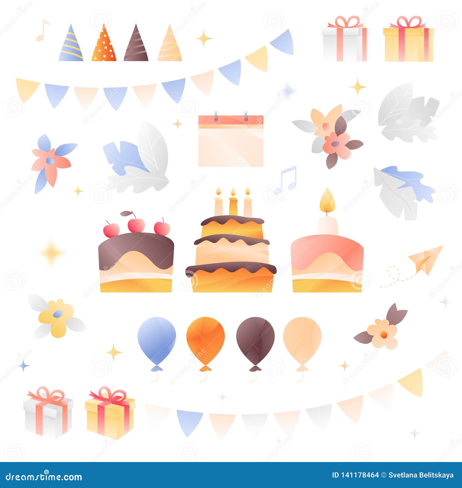 Birthday Objects Set stock vector. Illustration of cakes - 141178464