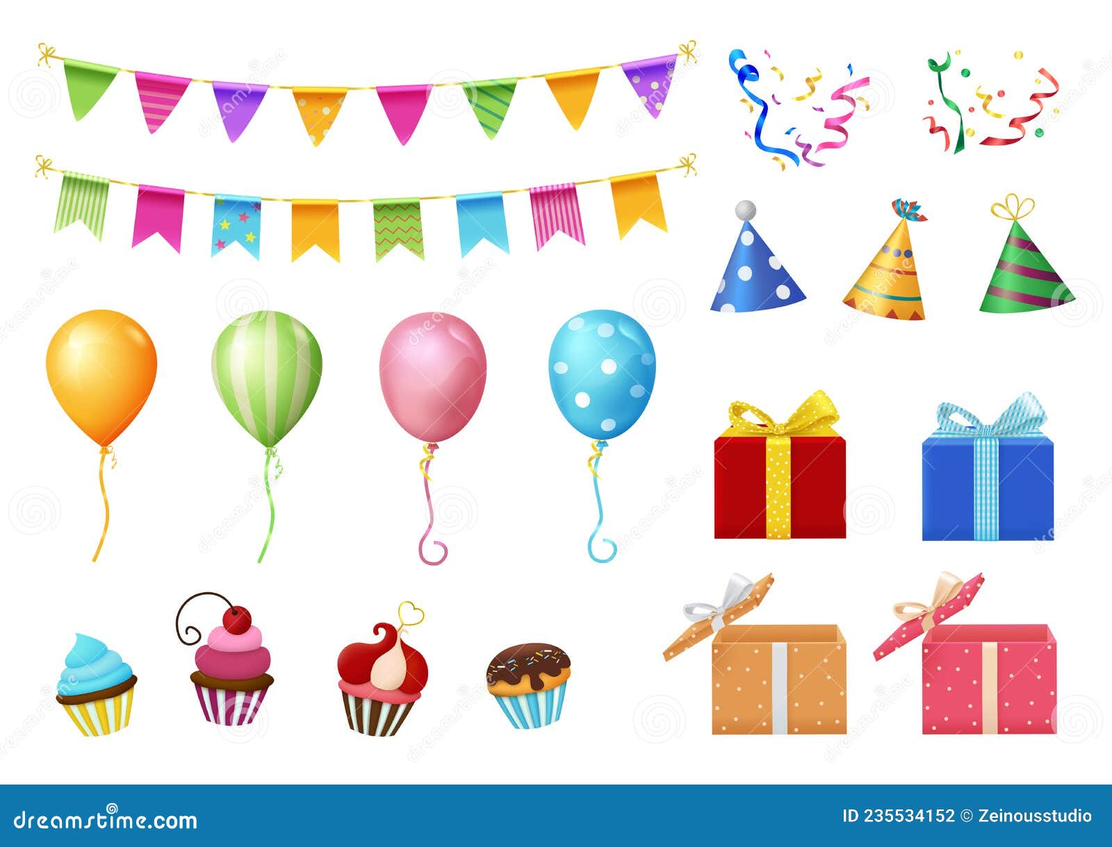 Birthday Party Elements Vector Set. Birth Day Gift Boxes, Pennants ...