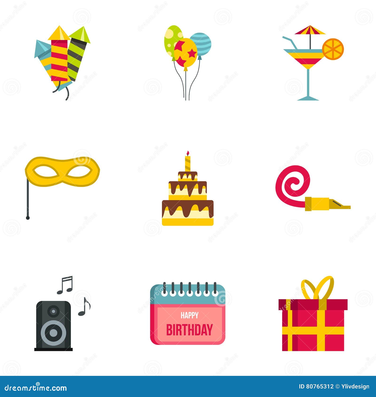 Birthday Party Icons Set, Flat Style Stock Vector - Illustration of ...