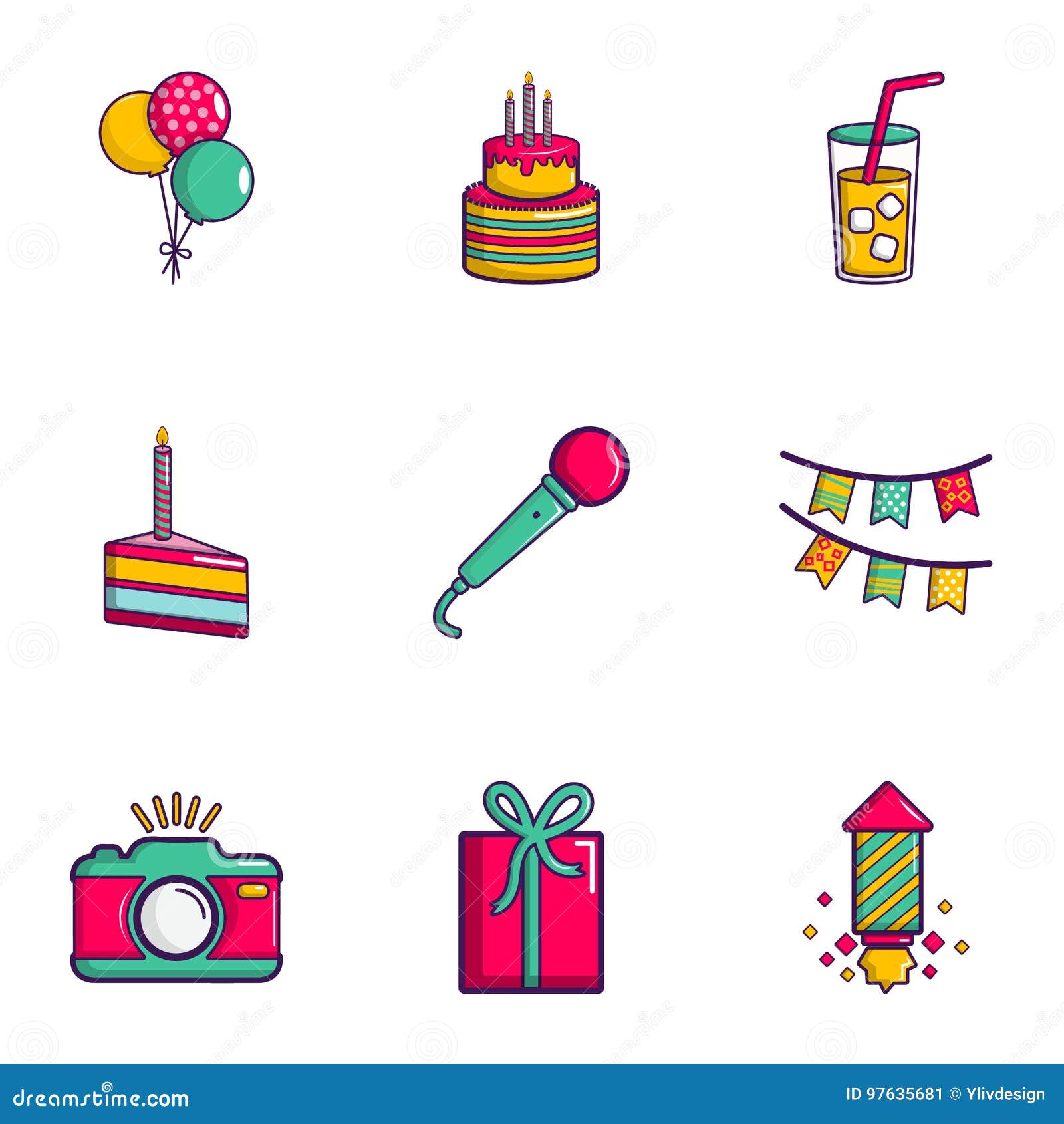 Birthday Party Icons Set, Flat Style Stock Vector - Illustration of ...