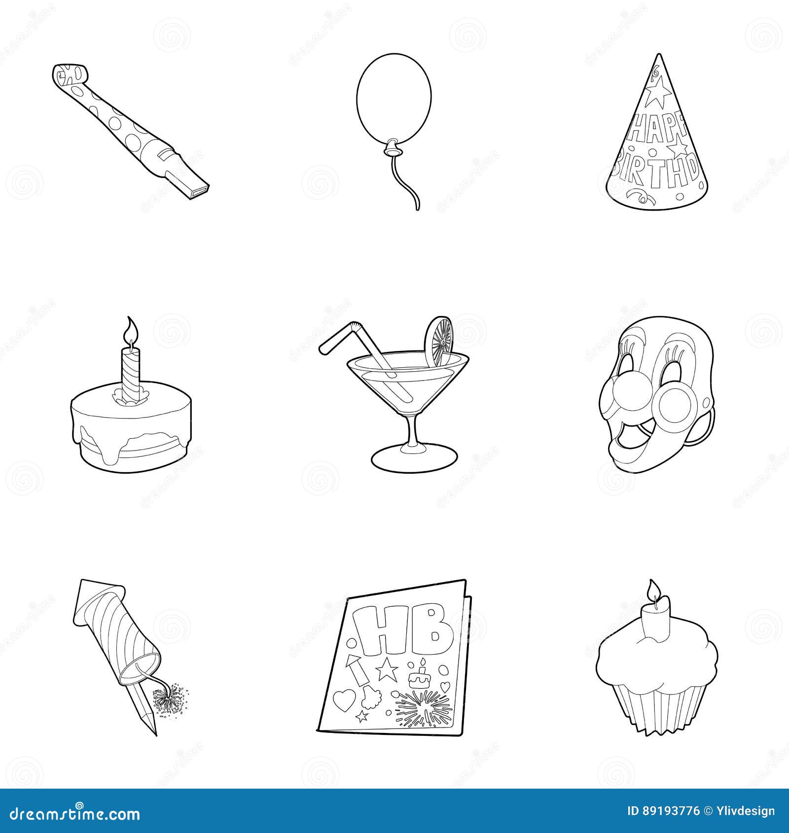Birthday Party Icons Set, Outline Style Stock Vector - Illustration of ...