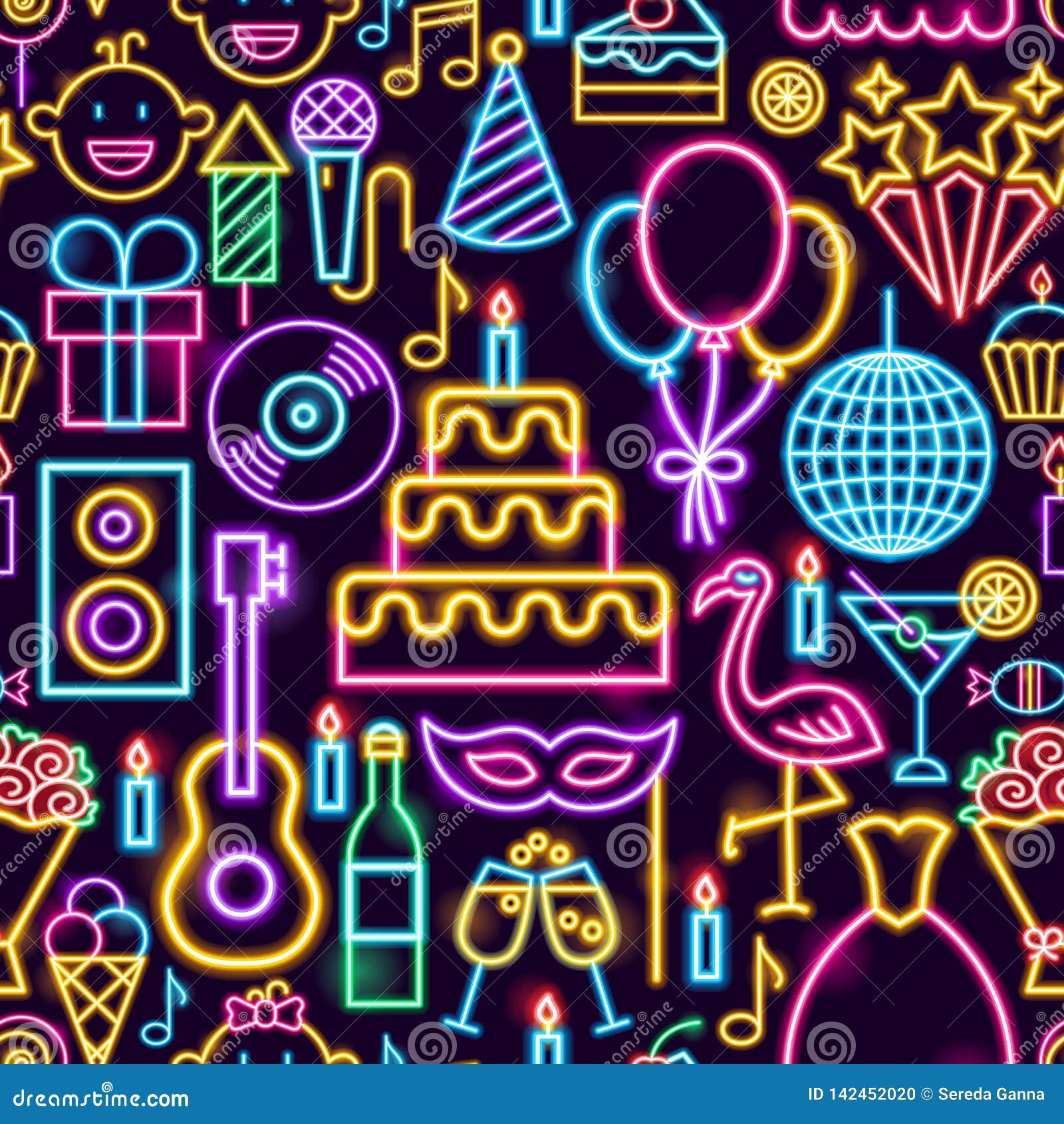 Birthday Party Neon Seamless Pattern Stock Vector - Illustration of children, flower: 142452020