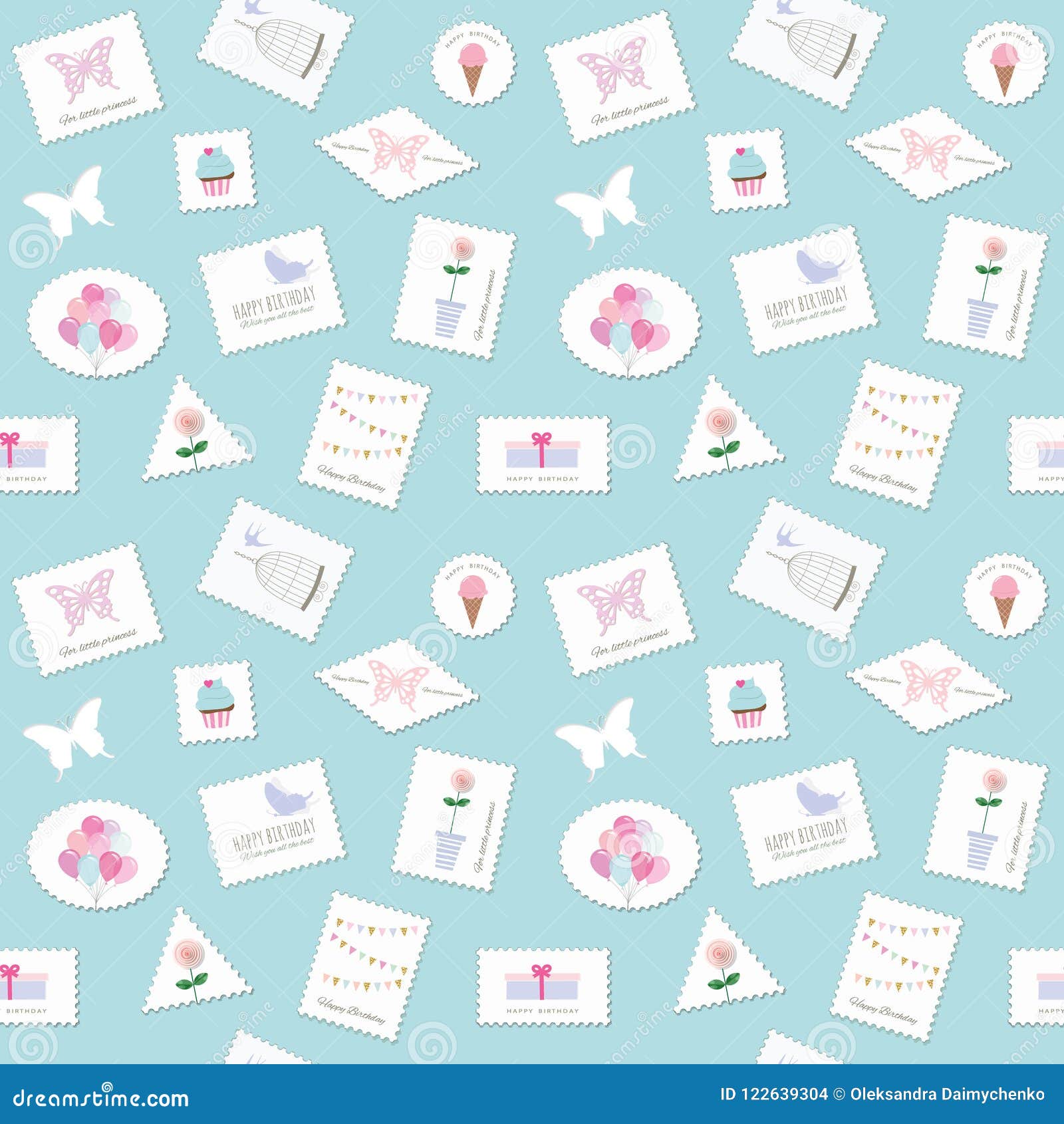 Birthday Pattern with Cute Postage Stamps. Stock Illustration ...