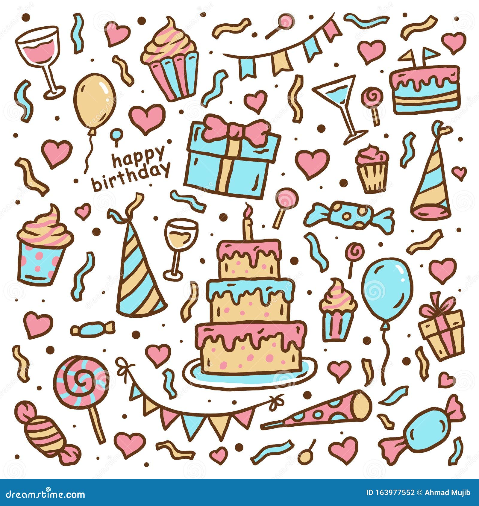 Birthday Pattern Hand Drawn Line Art Vector Illustration Stock Vector ...