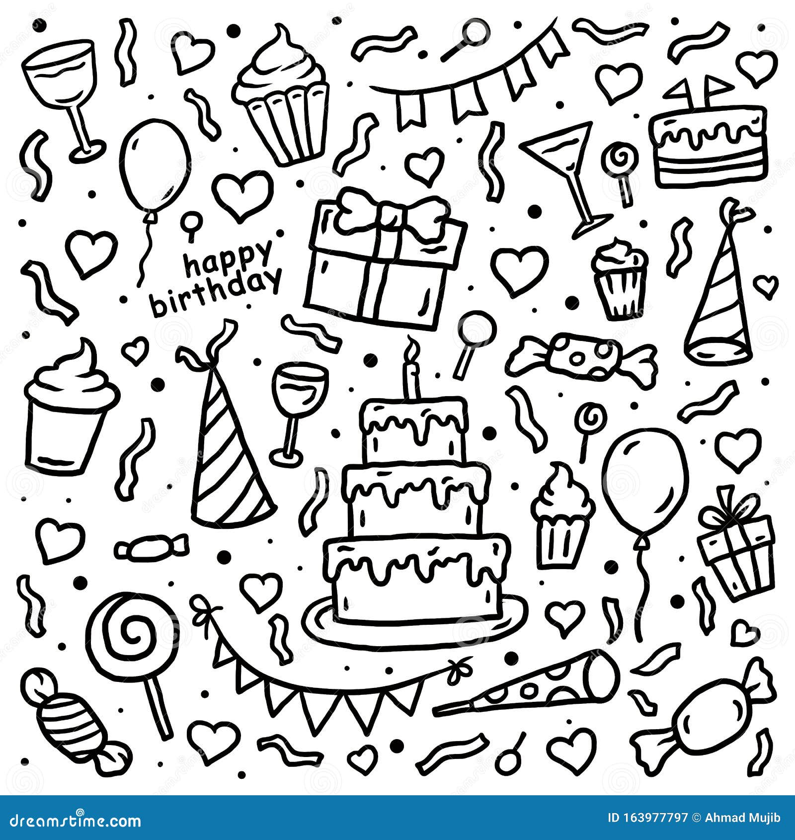 Birthday Pattern Hand Drawn Line Art Vector Illustration Stock Vector ...