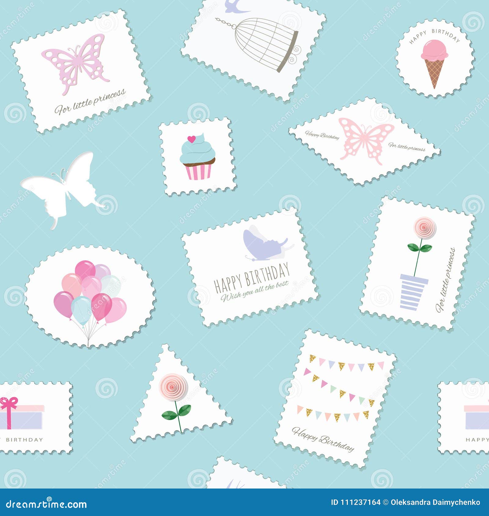 Birthday Seamless Pattern with Cute Postage Stamps. Stock Illustration ...