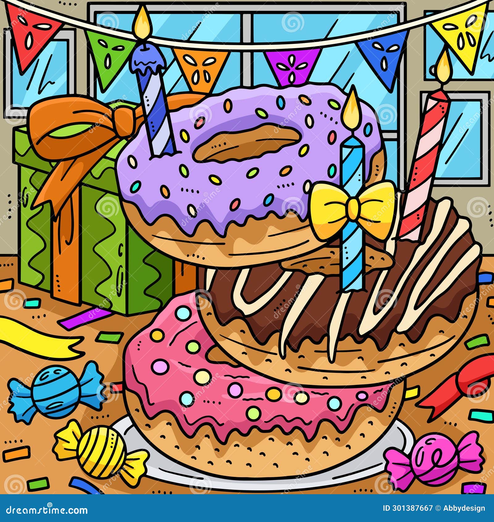 Birthday Stack of Donuts with Candle Colored Stock Vector ...