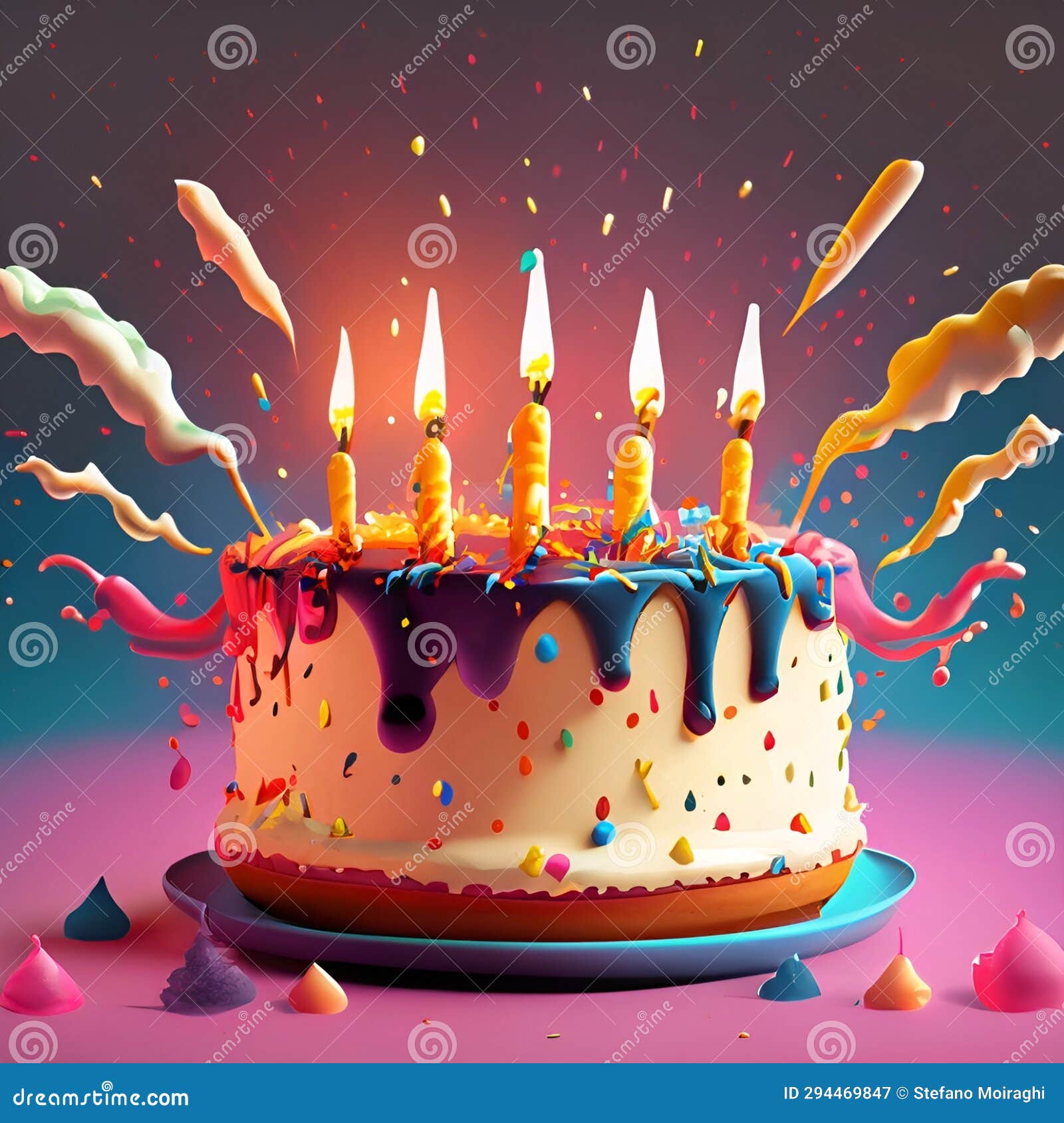 Birthday Sweet Cake with Candle Explosive Colours Background Stock ...