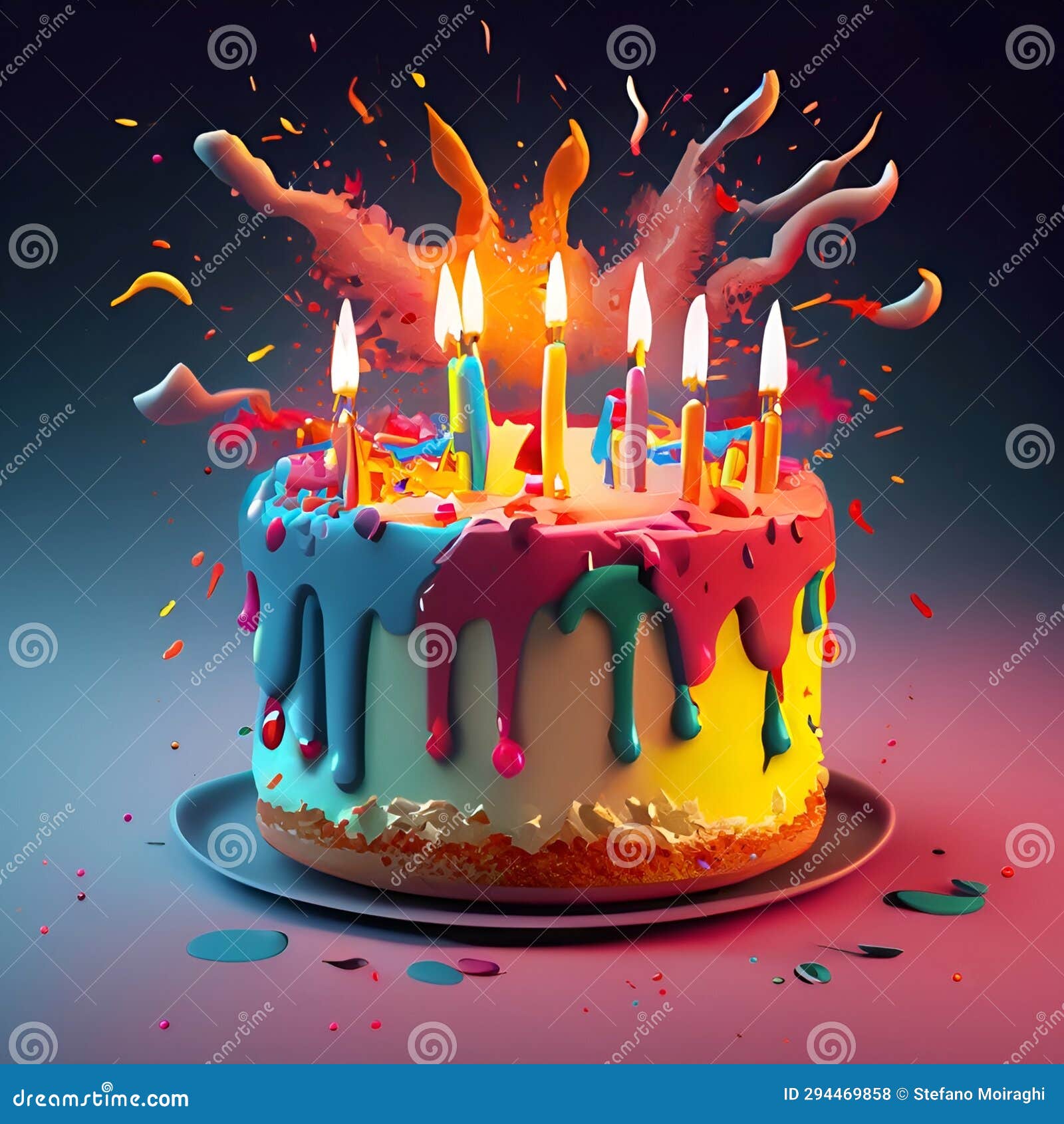 Birthday Sweet Cake with Candle Explosive Colours Background Stock ...