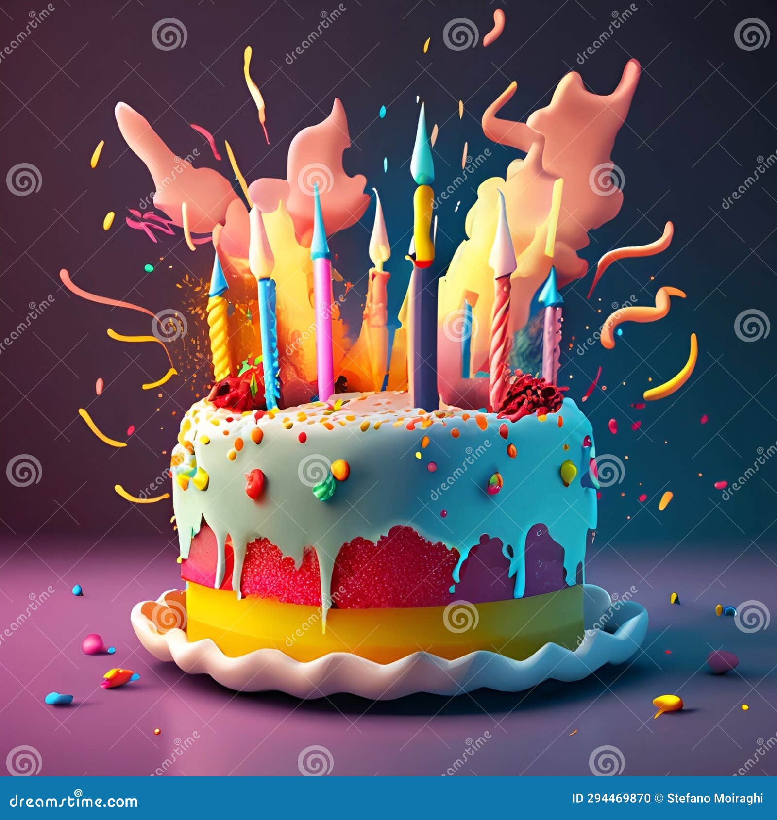 Birthday Sweet Cake with Candle Explosive Colours Background Stock ...