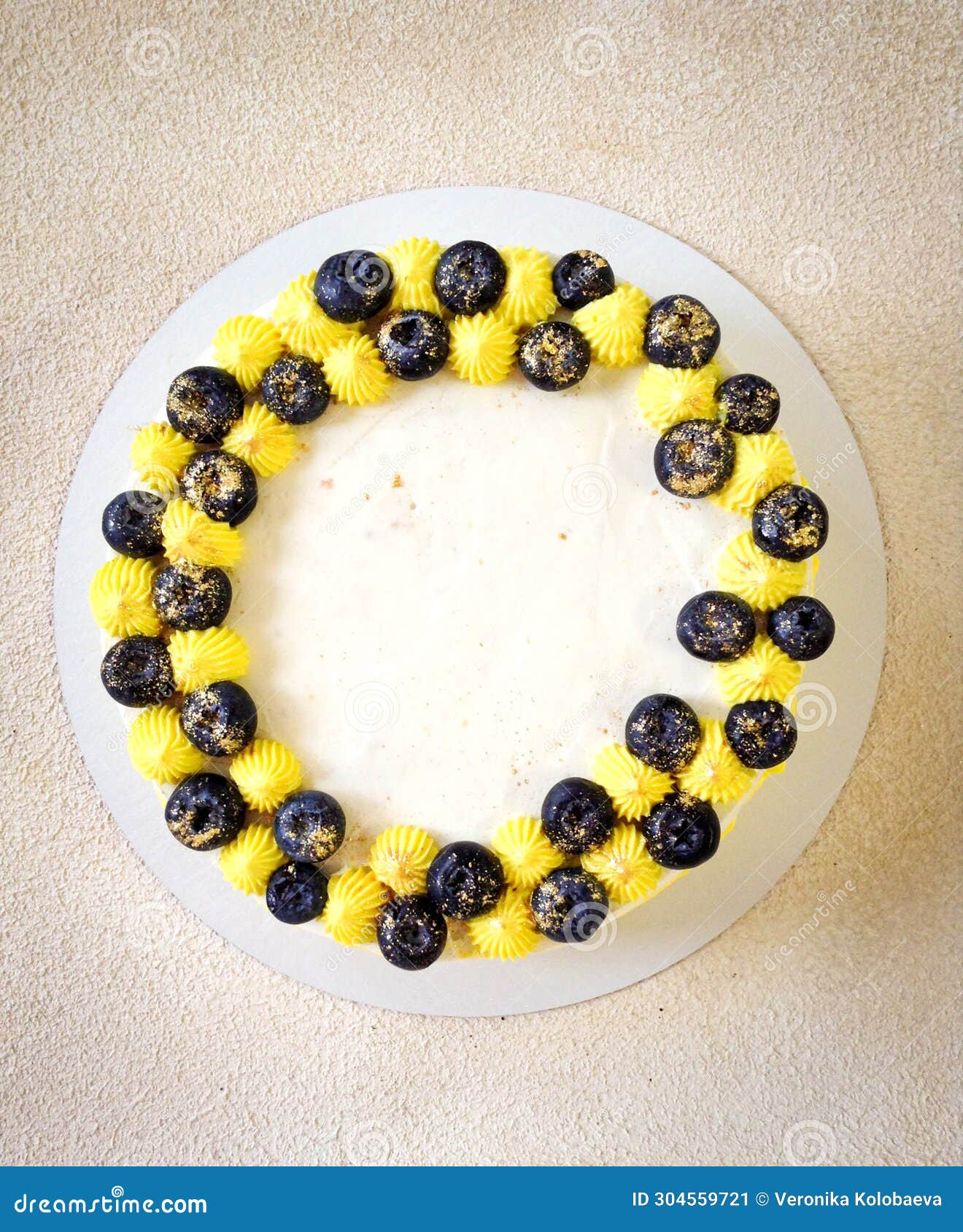 Birthday White and Yellow Cake with Blueberries , Flat Stock Image ...