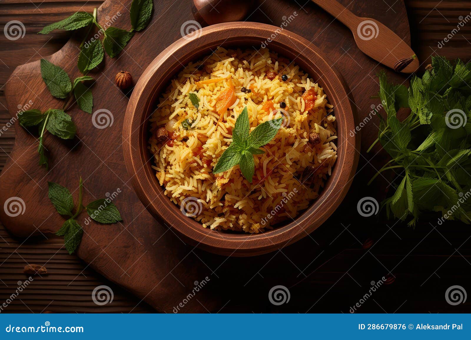 Biryani Rice, in a Wooden Bowl Top View. Ai Generative Stock Photo ...