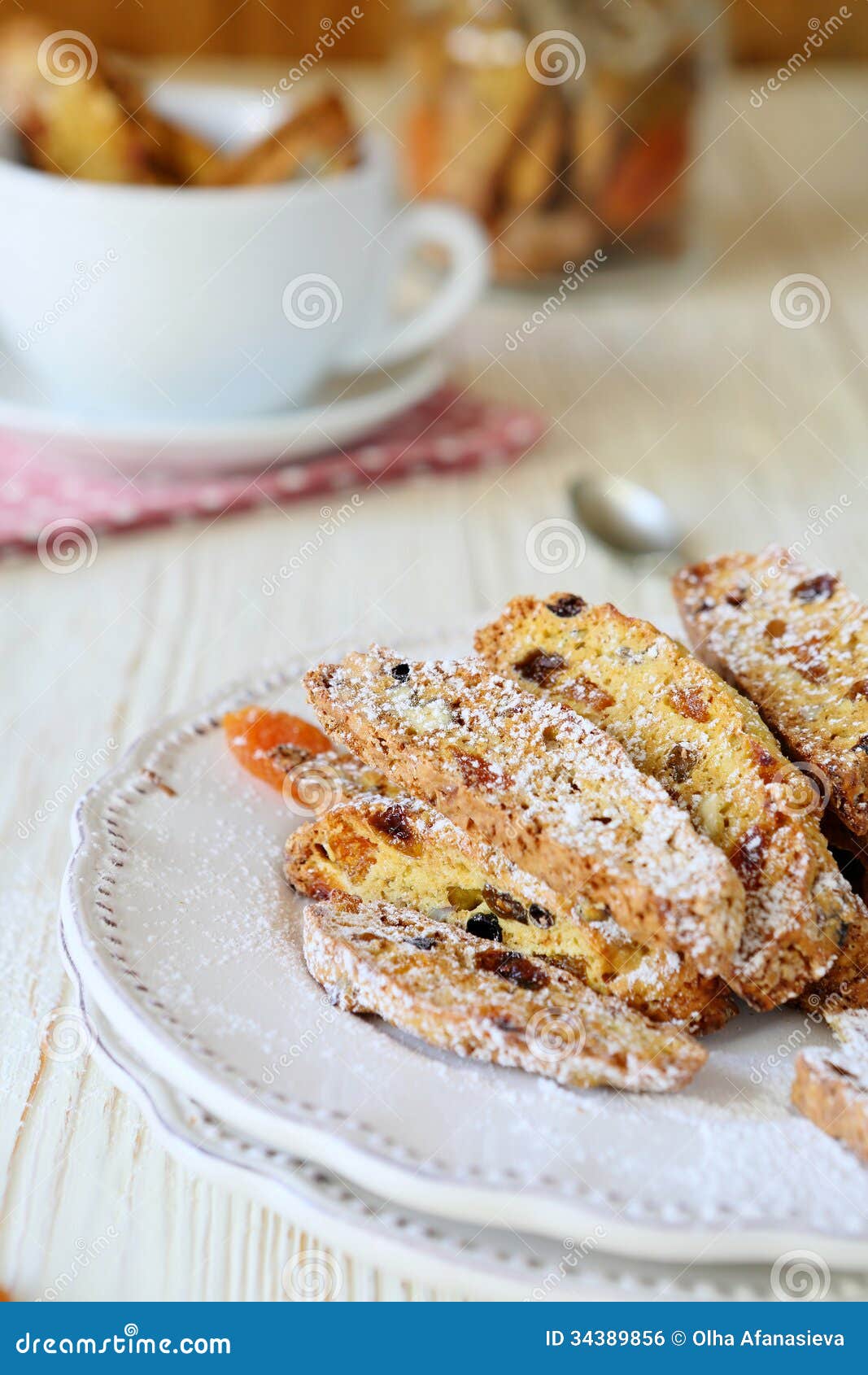 Biscotti on a Plate and in a Jar Stock Photo - Image of raisins, crispy ...