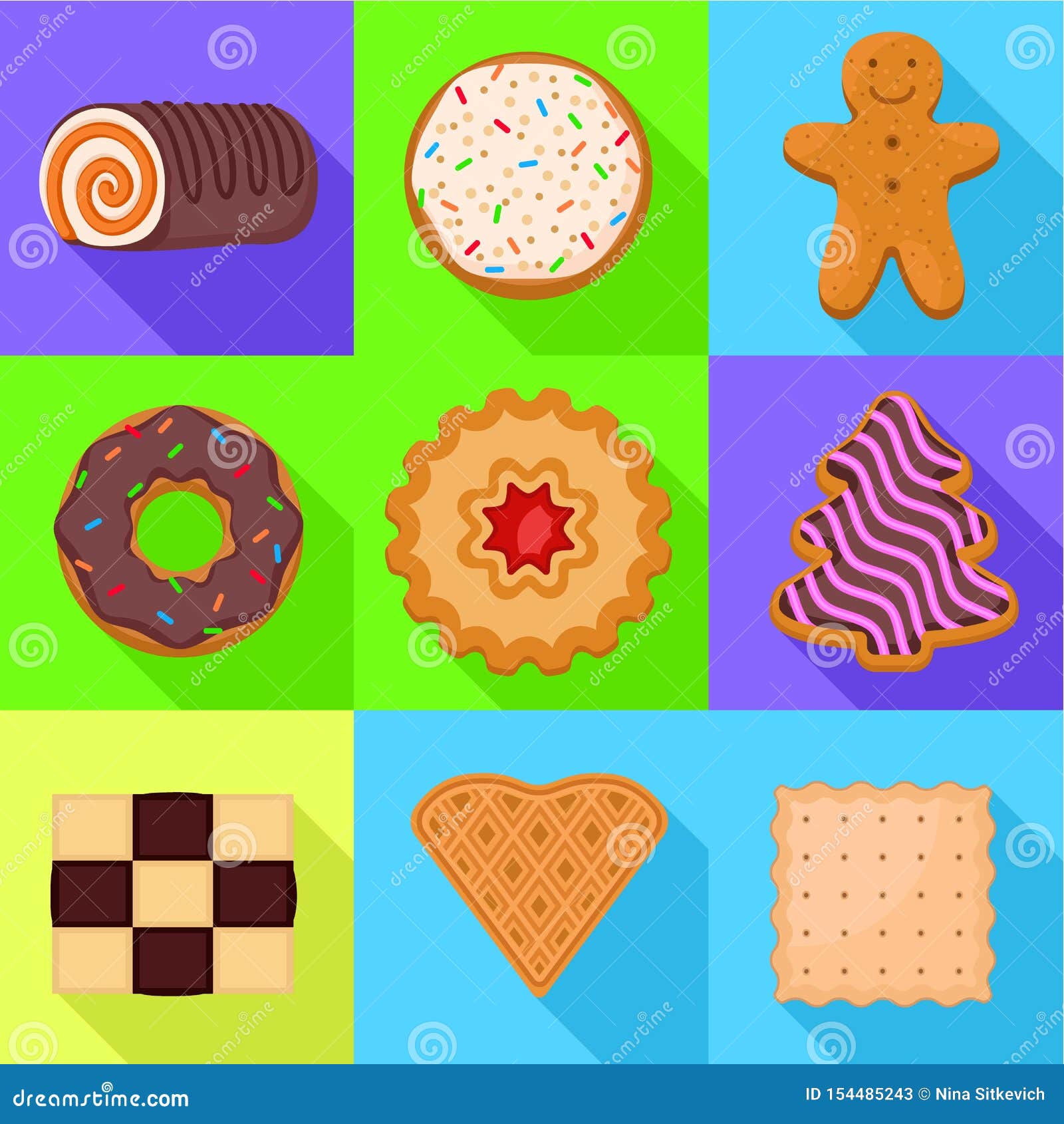 Biscuit Icon Set, Flat Style Stock Vector - Illustration of bakery ...