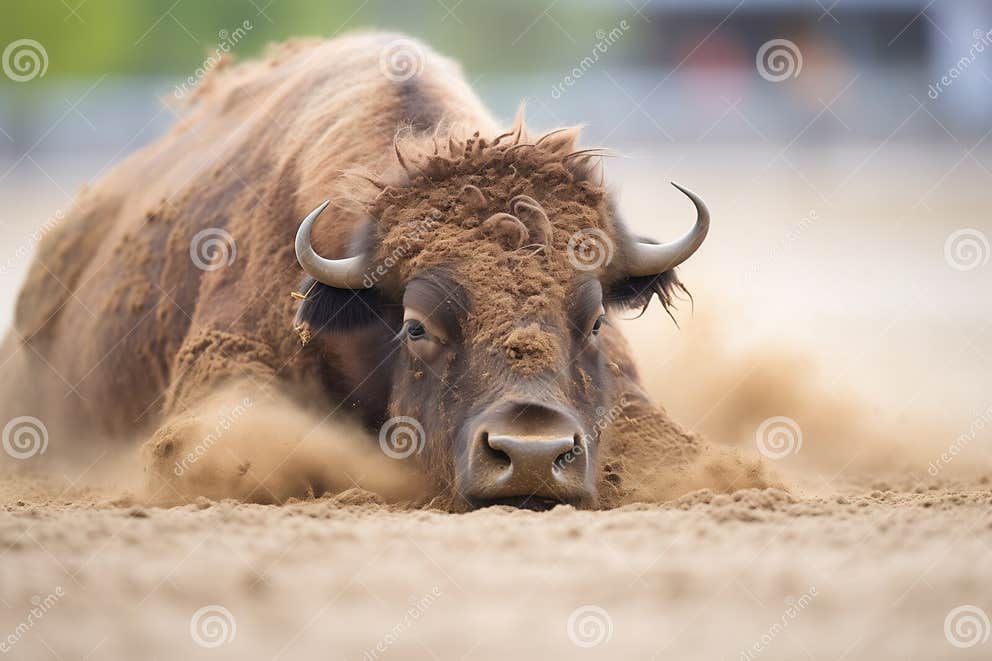 Bison Bull Rolling in Prairie Dust for a Dust Bath Stock Illustration ...