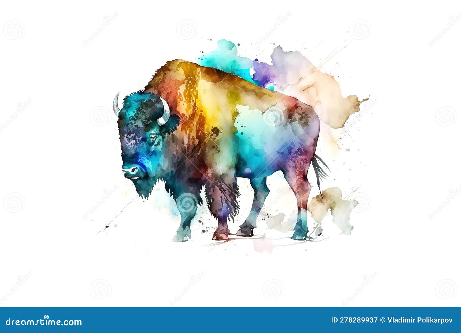 Bison is Drawn with Multi-colored Watercolors Isolated on a White ...